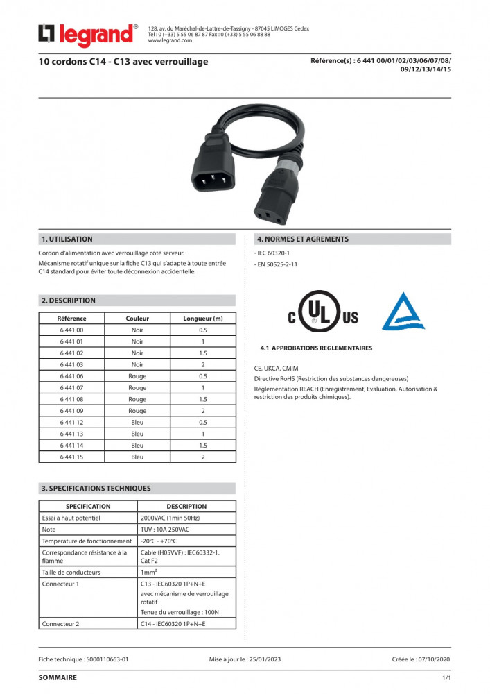 Legrand locking C13 to C14 power cord product documentation