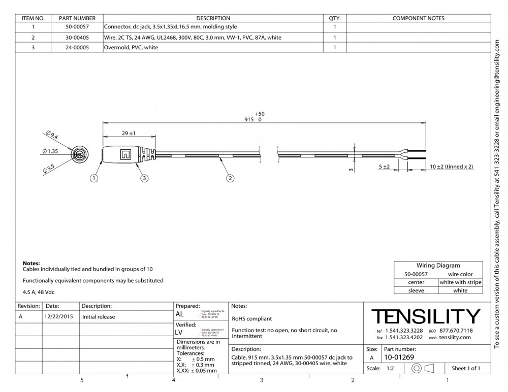 Tensility International 10-01269 cable assembly drawing