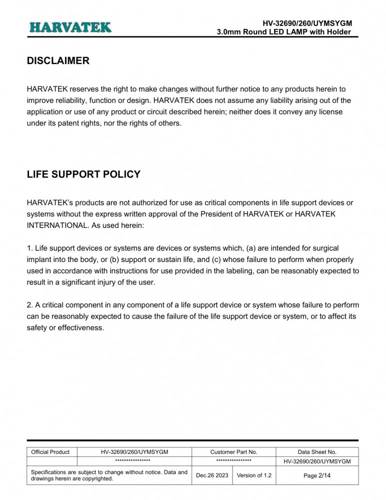HV-32690/260/UYMSYGM datasheet page 2