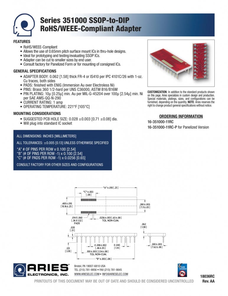 Aries 351000 series SSOP-to-DIP adapter technical document