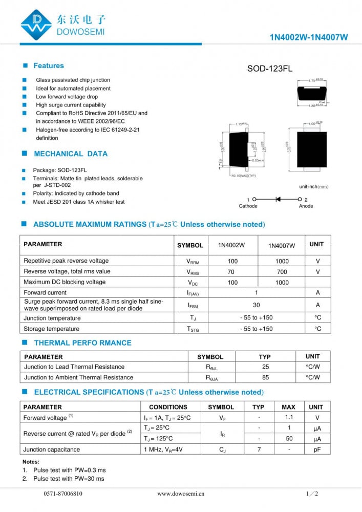 DOWO 1N4002W datasheet page 1