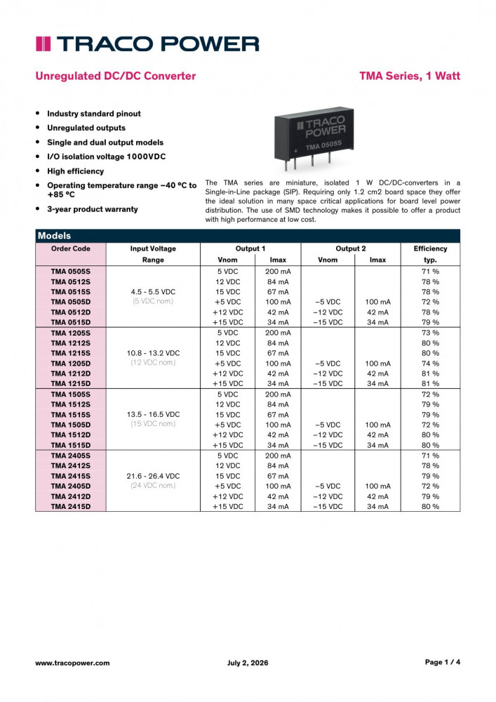 TMA series datasheet page 1