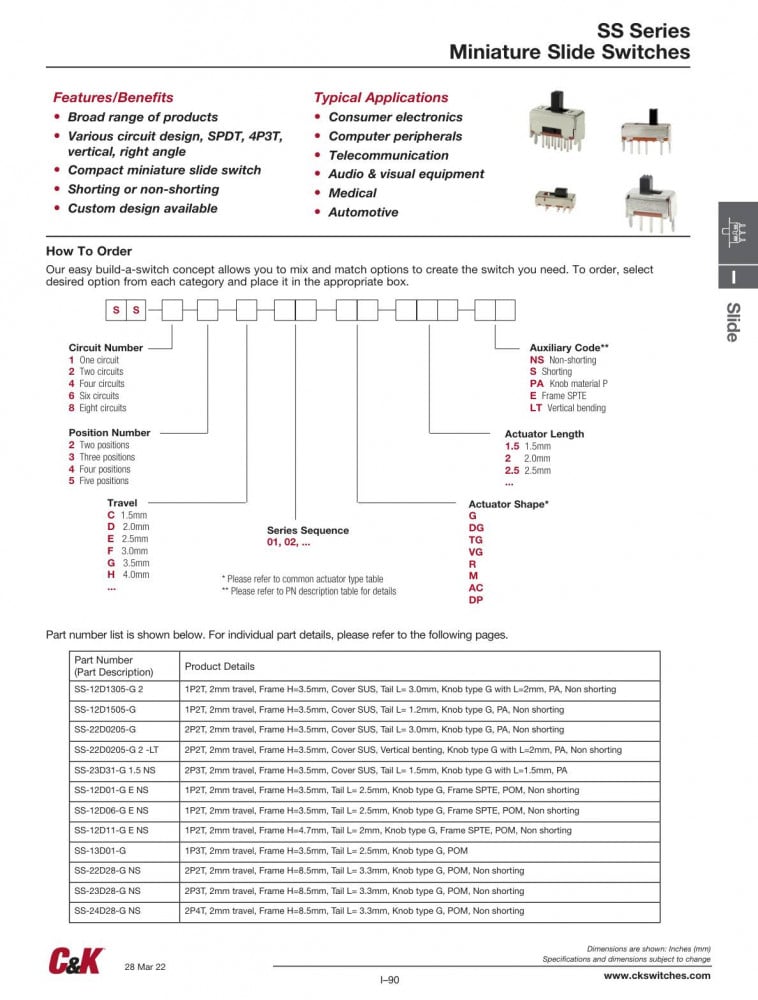 C&K slide switch datasheet page 1