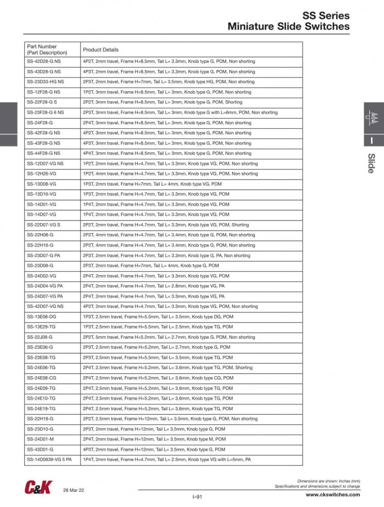 C&K slide switch datasheet page 2
