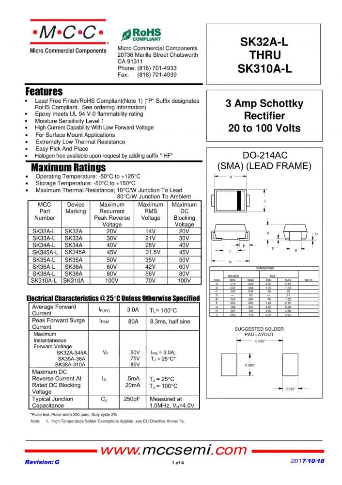 MCC SK38A-LTP datasheet page 1