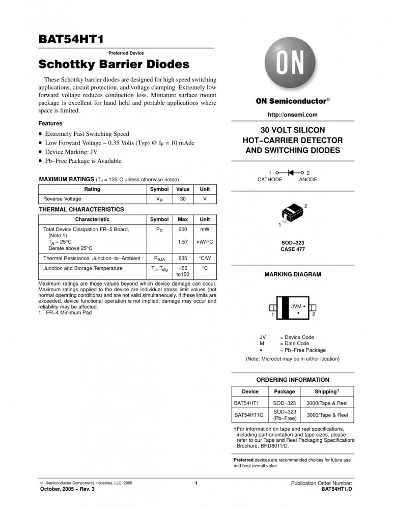 BAT54HT1G technical document page 1