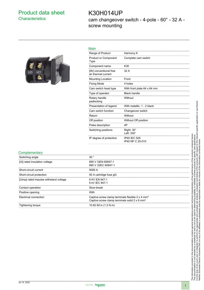 K30H014UP technical document page 1