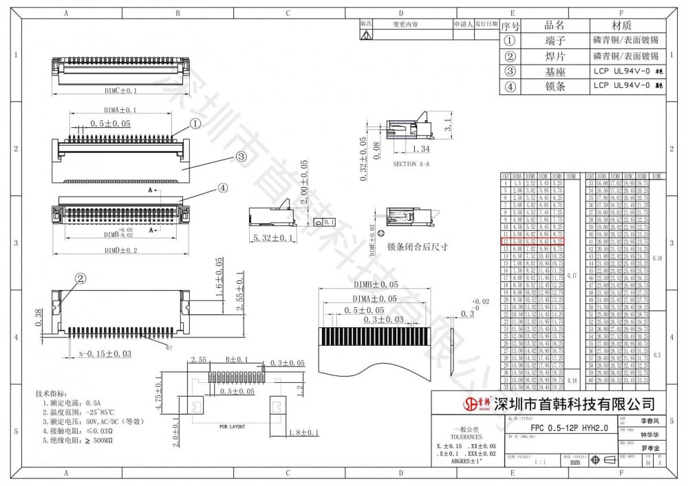 SHOU HAN FPC 0.5-12P HYH2.0 specification page 1