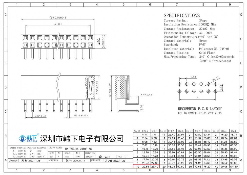 HX PM2.54-2x10P WC technical document page