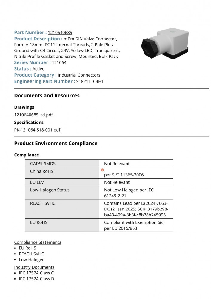 Molex DIN Valve Series S18 packaging specification, page image 1