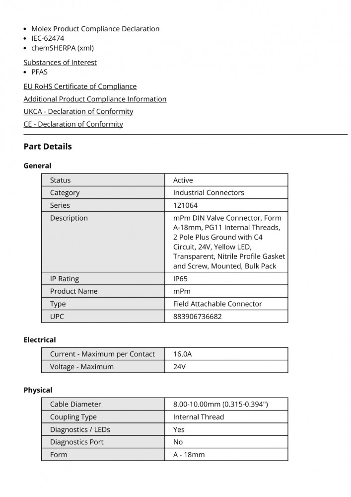 Molex DIN Valve Series S18 packaging specification, page image 2