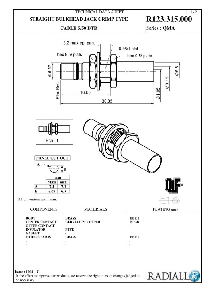 Radiall R123315000 technical datasheet page 1