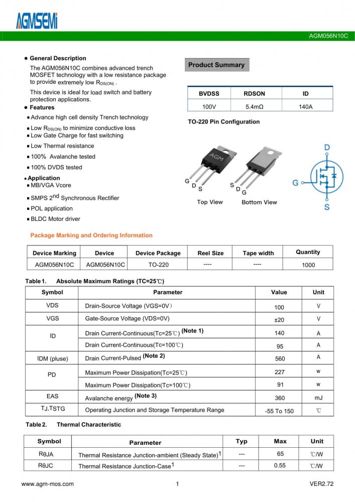 AGM056N10C datasheet page 1