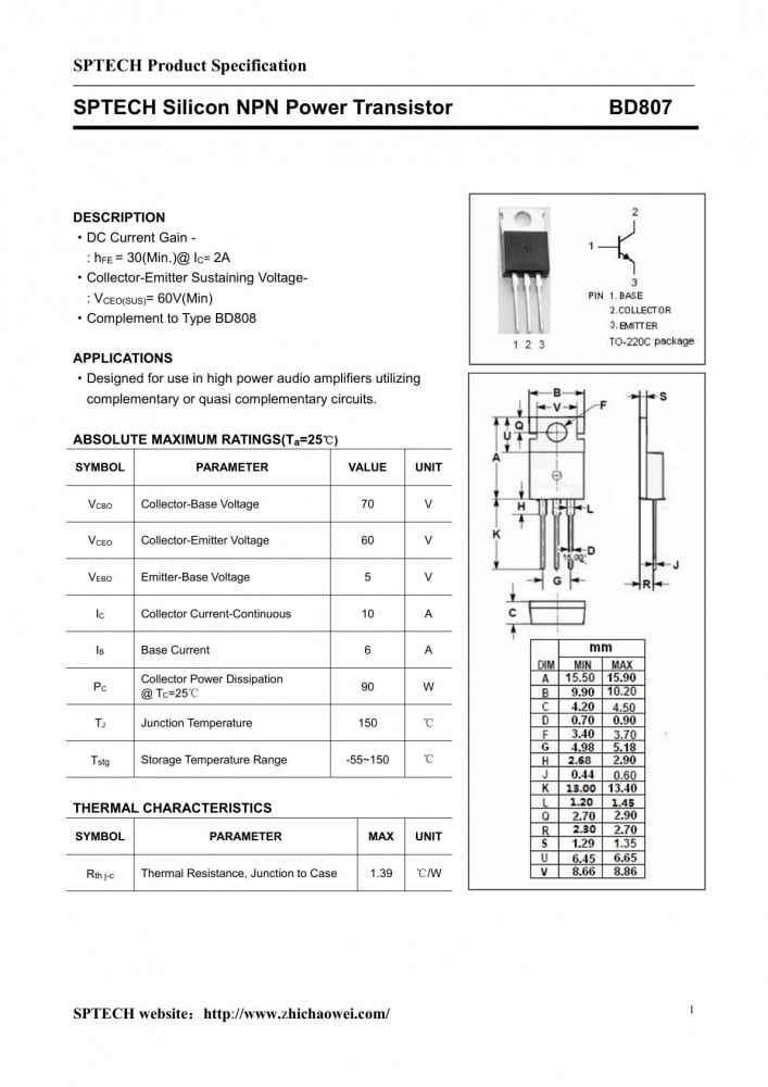 SPTECH BD807 datasheet page 1