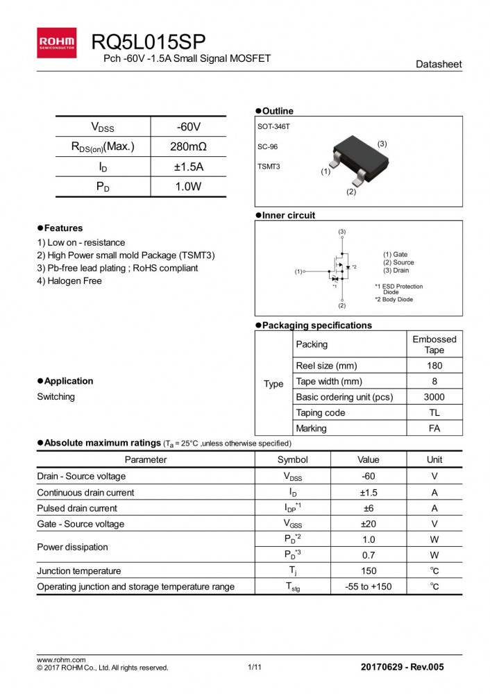 RQ5L015SPTL datasheet page 1