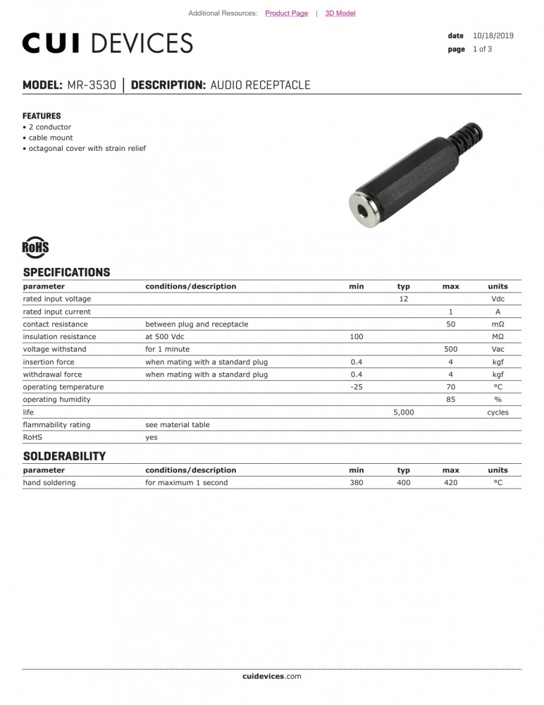 CUI MR-3530 datasheet page 1