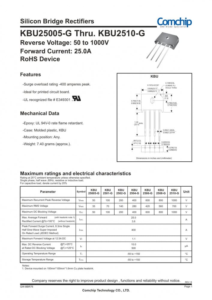 KBU2508-G datasheet page 1