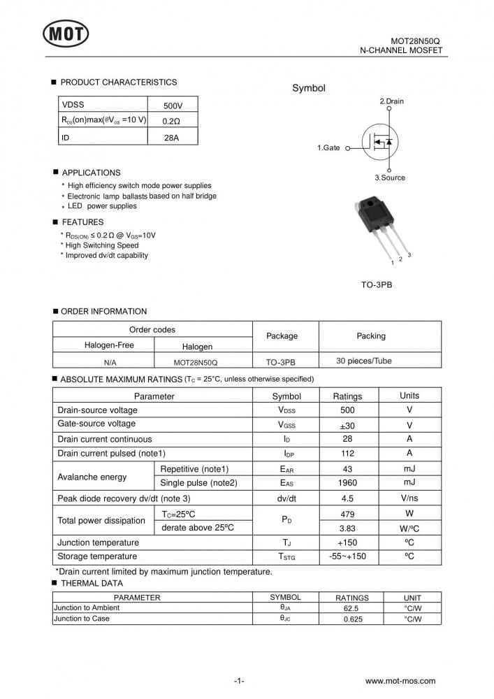 MOT28N50Q datasheet page 1