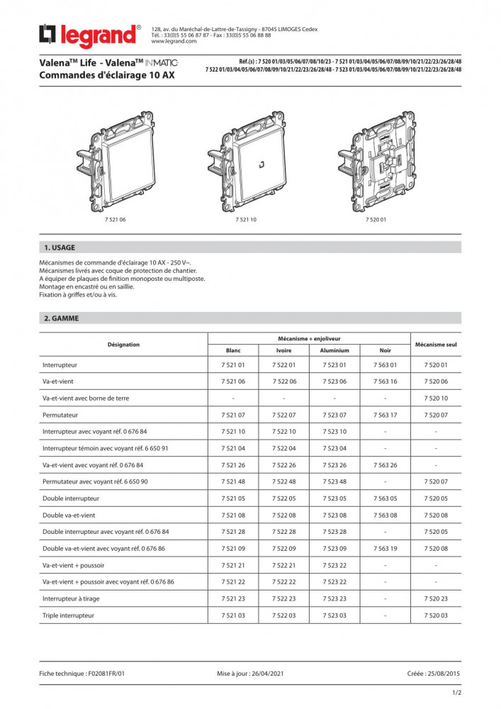 Legrand Valena Life technical document, page 1