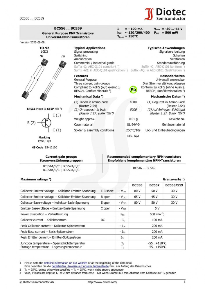 DIOTEC BC558A datasheet page 1