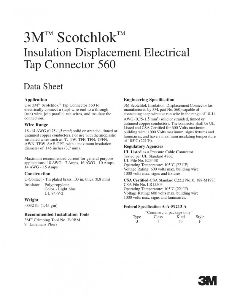 3M Scotchlok 560-BULK technical data sheet page 1