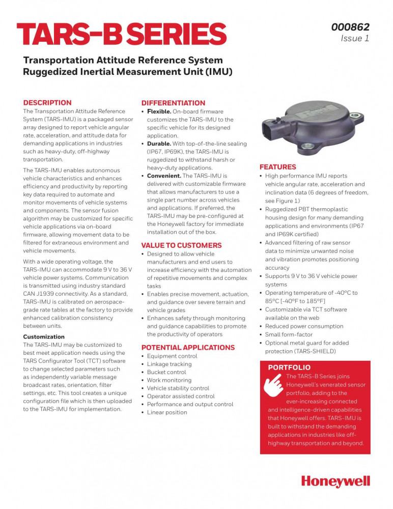 Honeywell TARS-B Series datasheet page 1