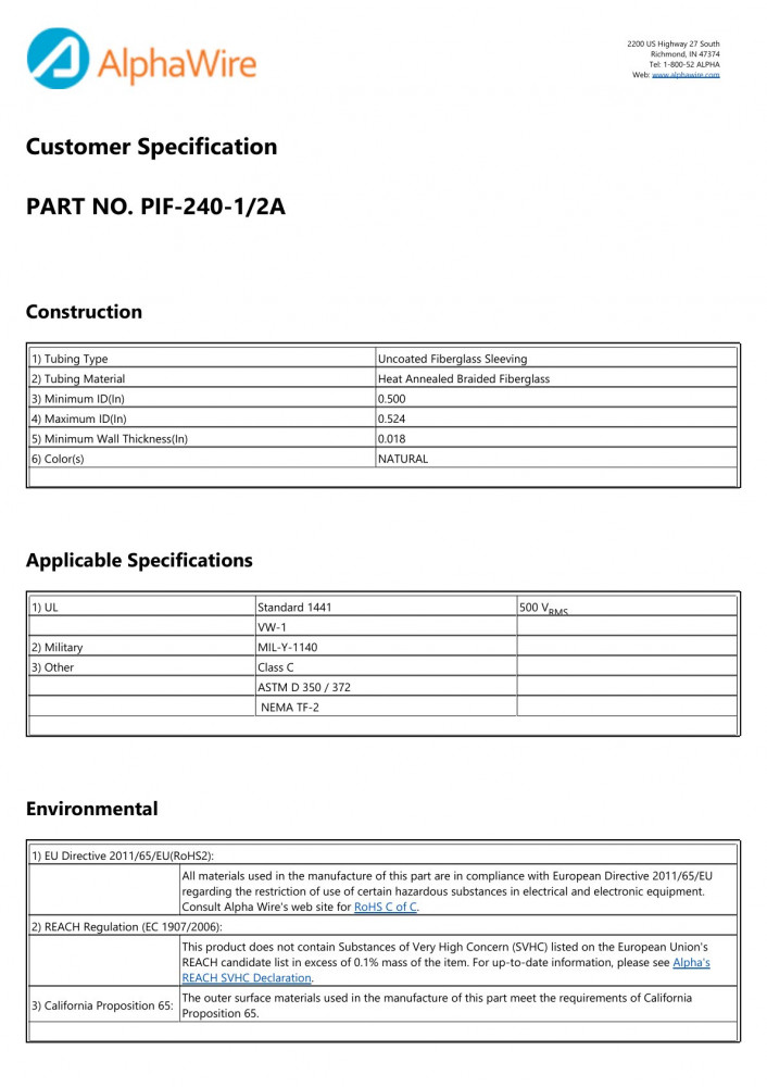 PF2401/2A NA005 technical specification page 1