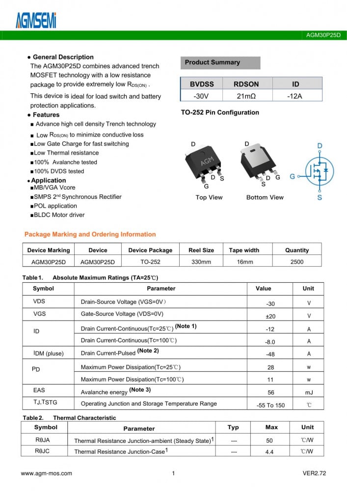 AGM30P25D datasheet page 1