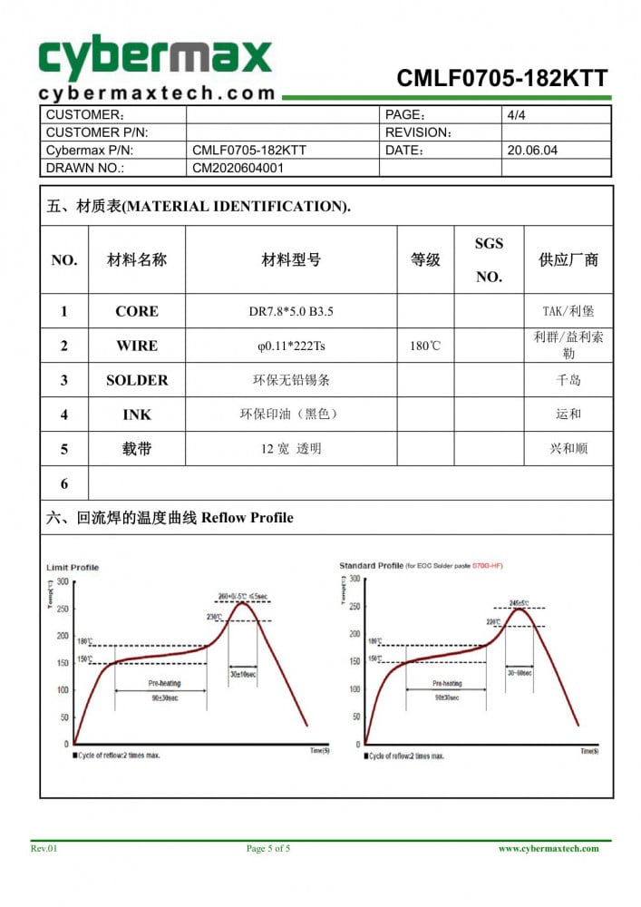 CMLF0705-182KTT materials and reflow profile page