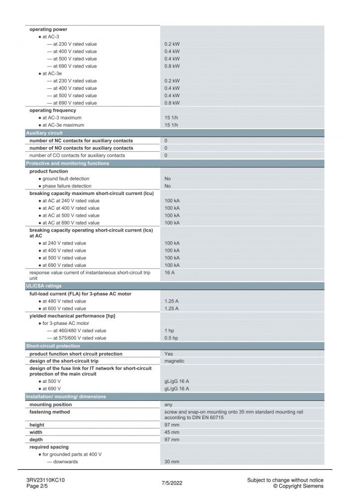 3RV23110KC10 technical document page 2