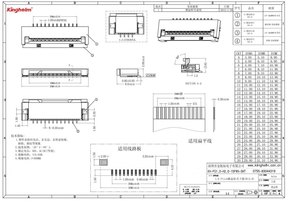 KH-FG1.0-H2.0-15PIN-SMT technical document preview