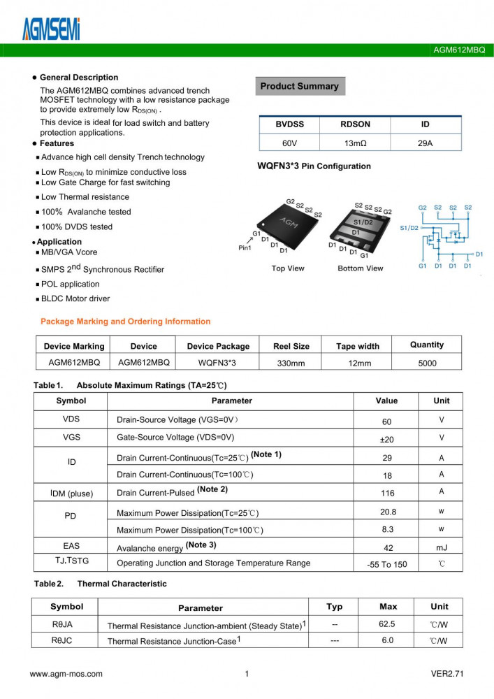AGM612MBQ datasheet page 1