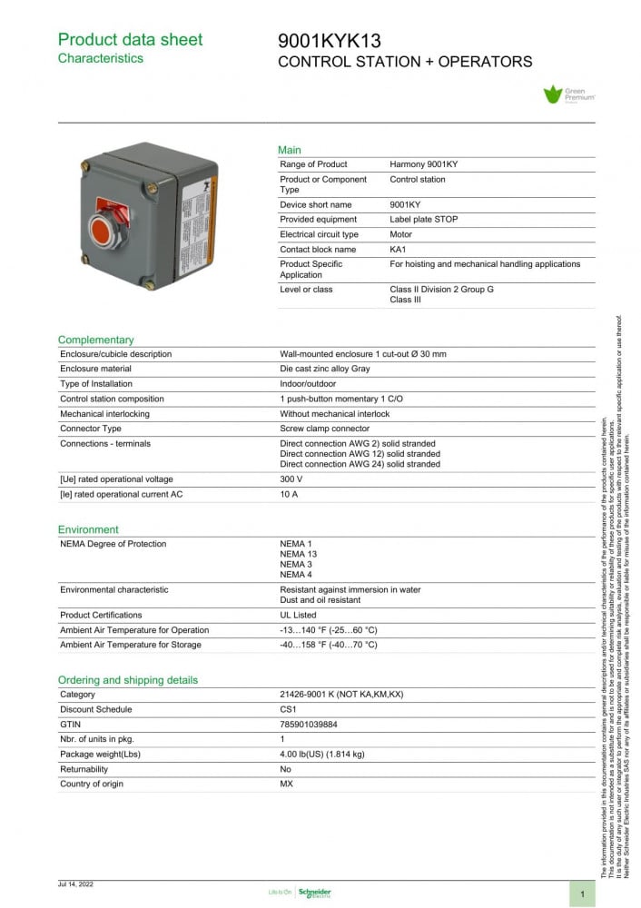 9001KYK13 technical document page 1