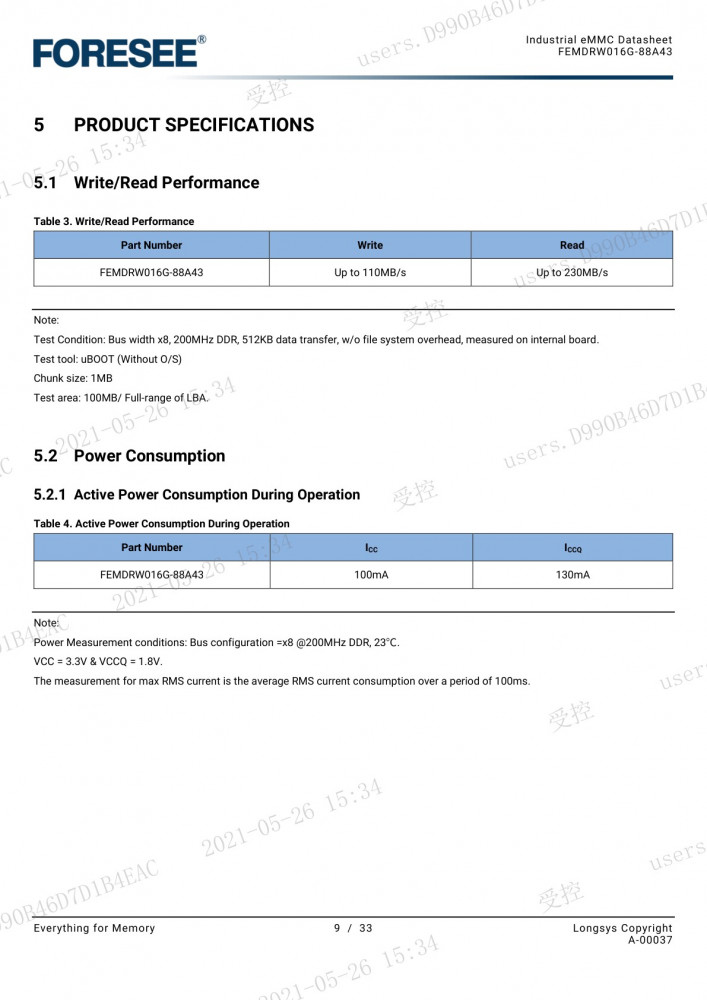 FORESEE FEMDRW016G-88A43 datasheet page 9
