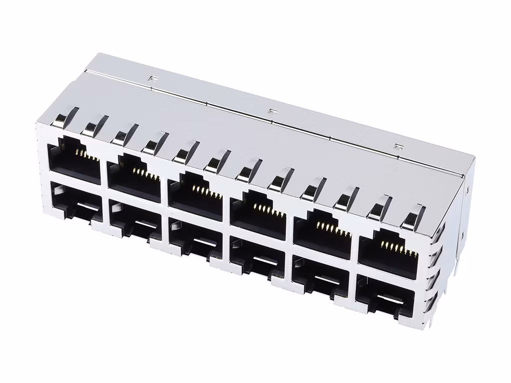 Modular Jack, Right-Angle, Compact, 8/8, 2 Ports, Even Tails, with Enhanced Ground Tabs