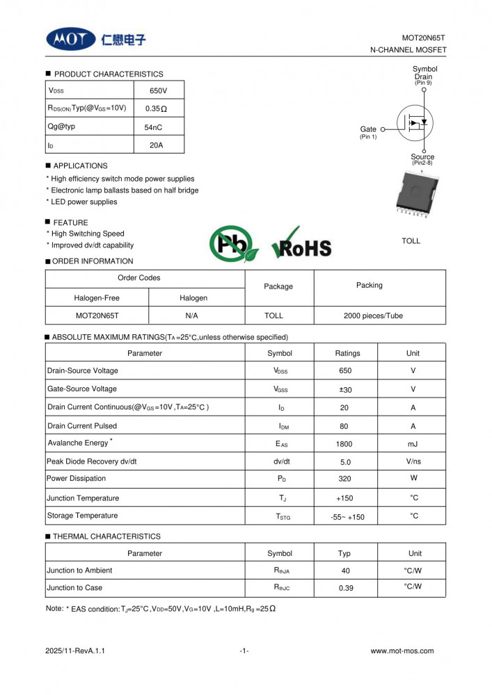 MOT20N65T datasheet page 1