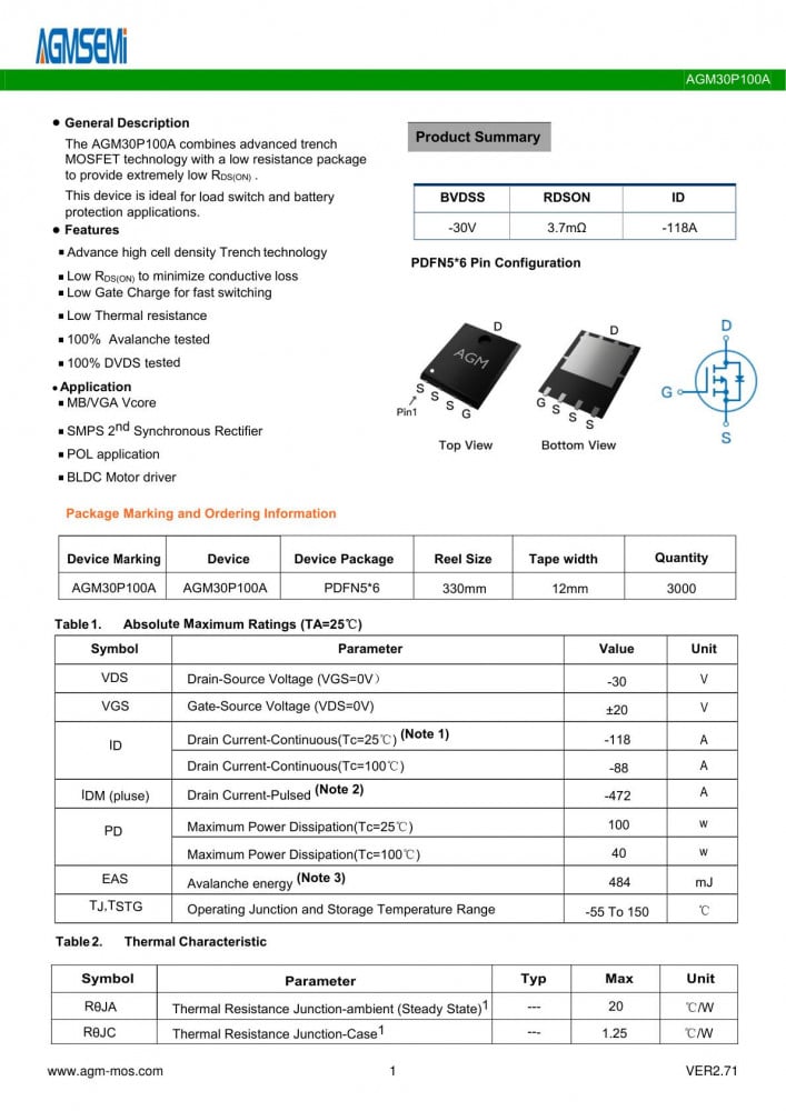 AGM30P100A datasheet page 1