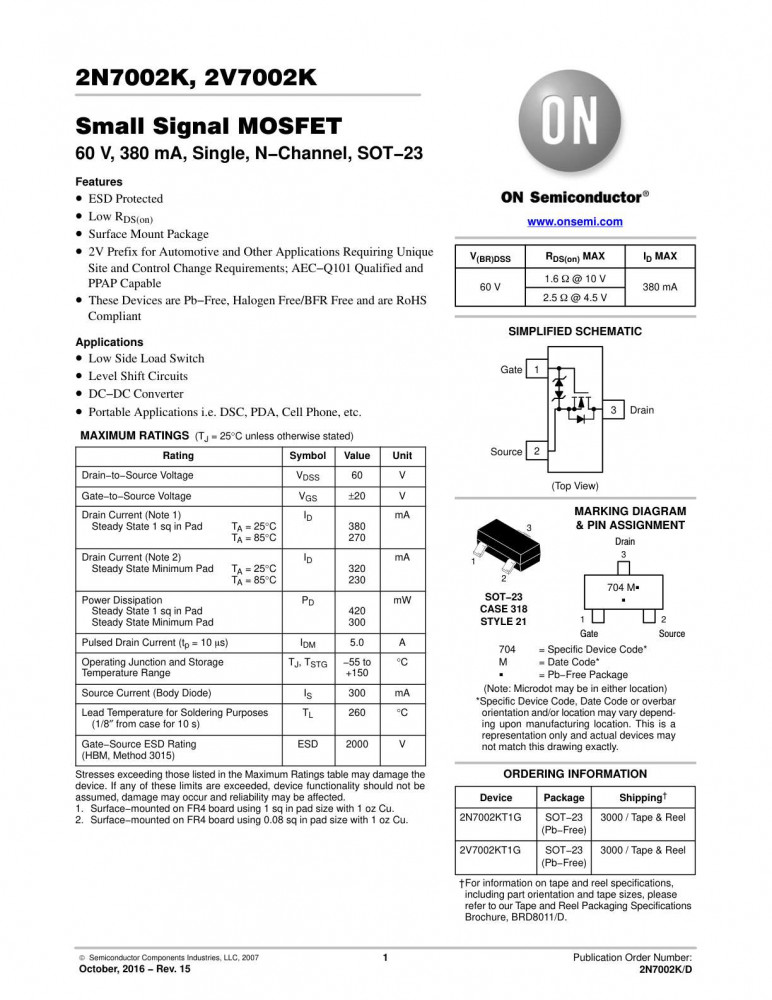 2N7002KT1G datasheet page 1