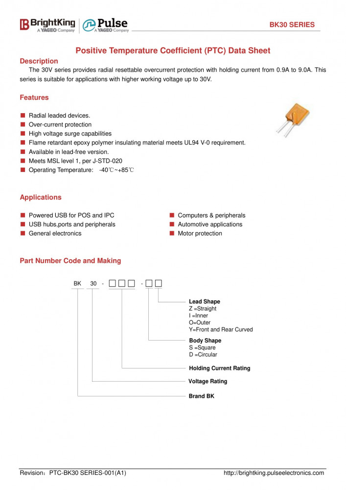 BK30 series datasheet page 1