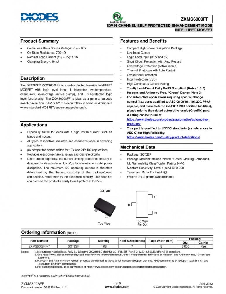 ZXMS6008FF-7 datasheet page 1