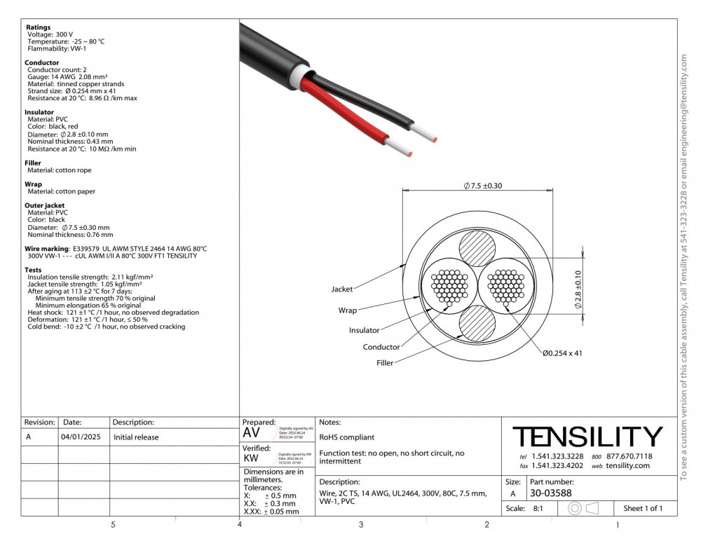 Tensility International 30-03588 cable specification drawing