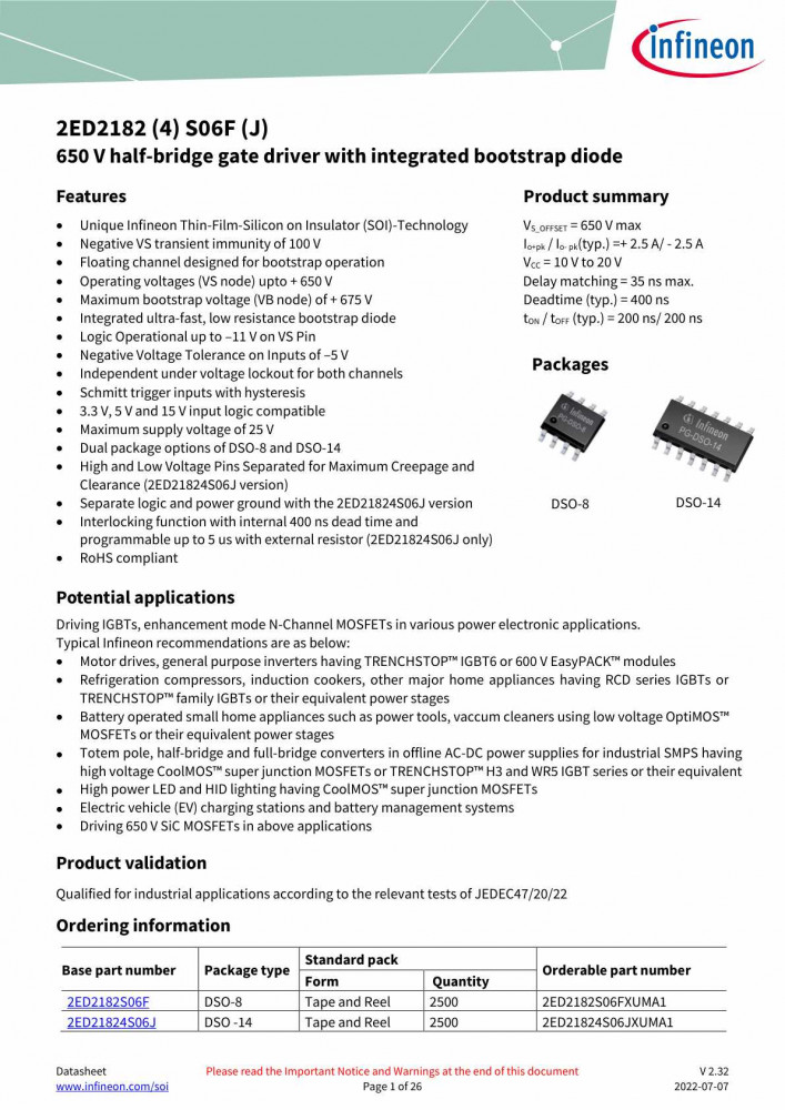 2ED21824S06JXUMA1 datasheet page 1