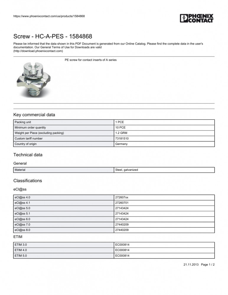 Phoenix Contact 1584868 product document page 1