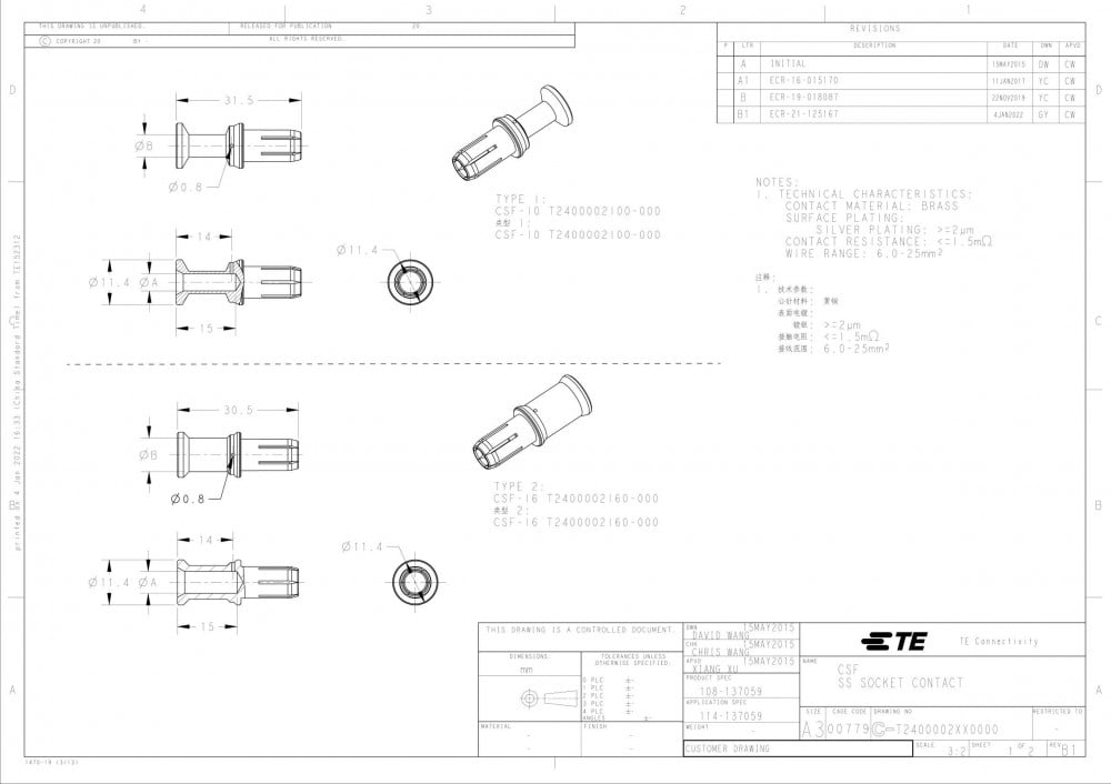 TE Connectivity T2400002100-000 drawing page 1