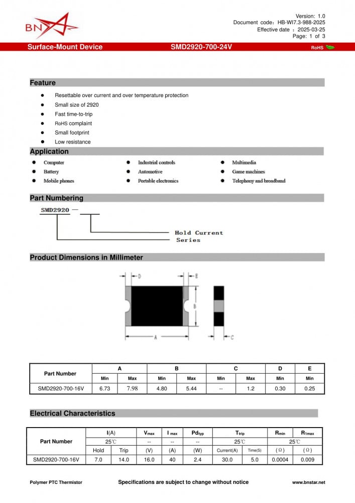 BNstar SMD2920-700-16V datasheet page 1