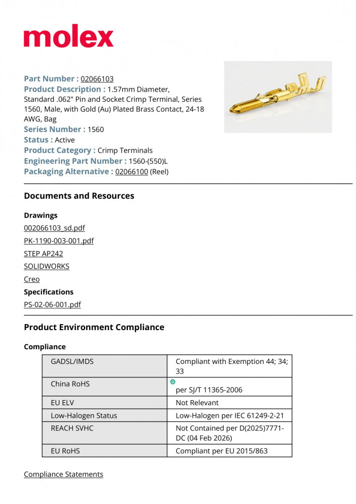 Molex .062 miniature terminal specification, page 1