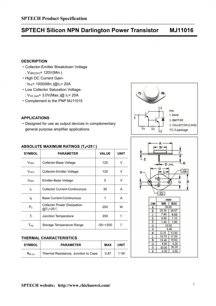 MJ11016 datasheet page 1