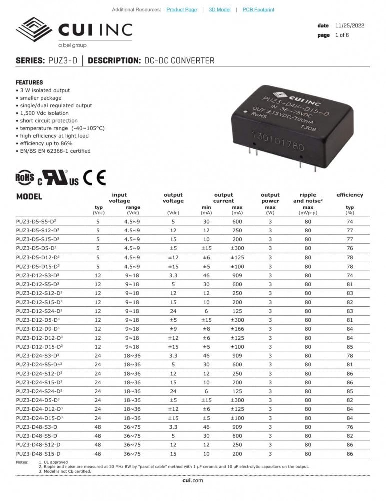 CUI PUZ3-D series datasheet page 1