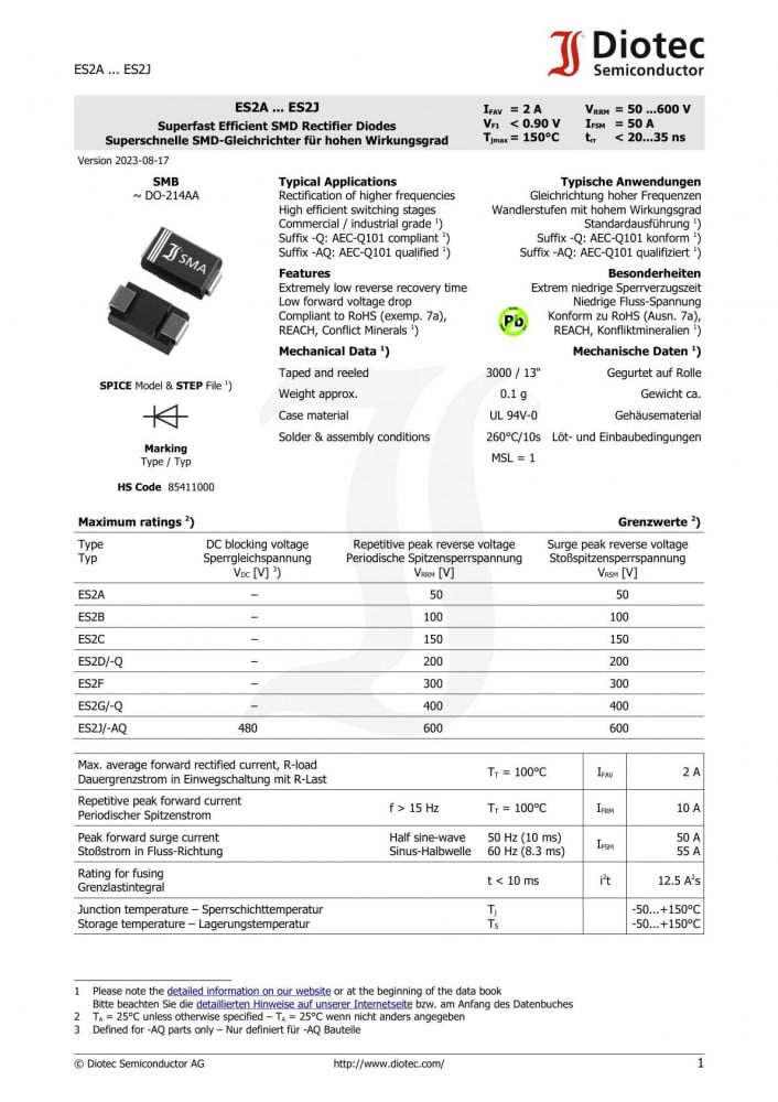 DIOTEC ES2B datasheet page 1