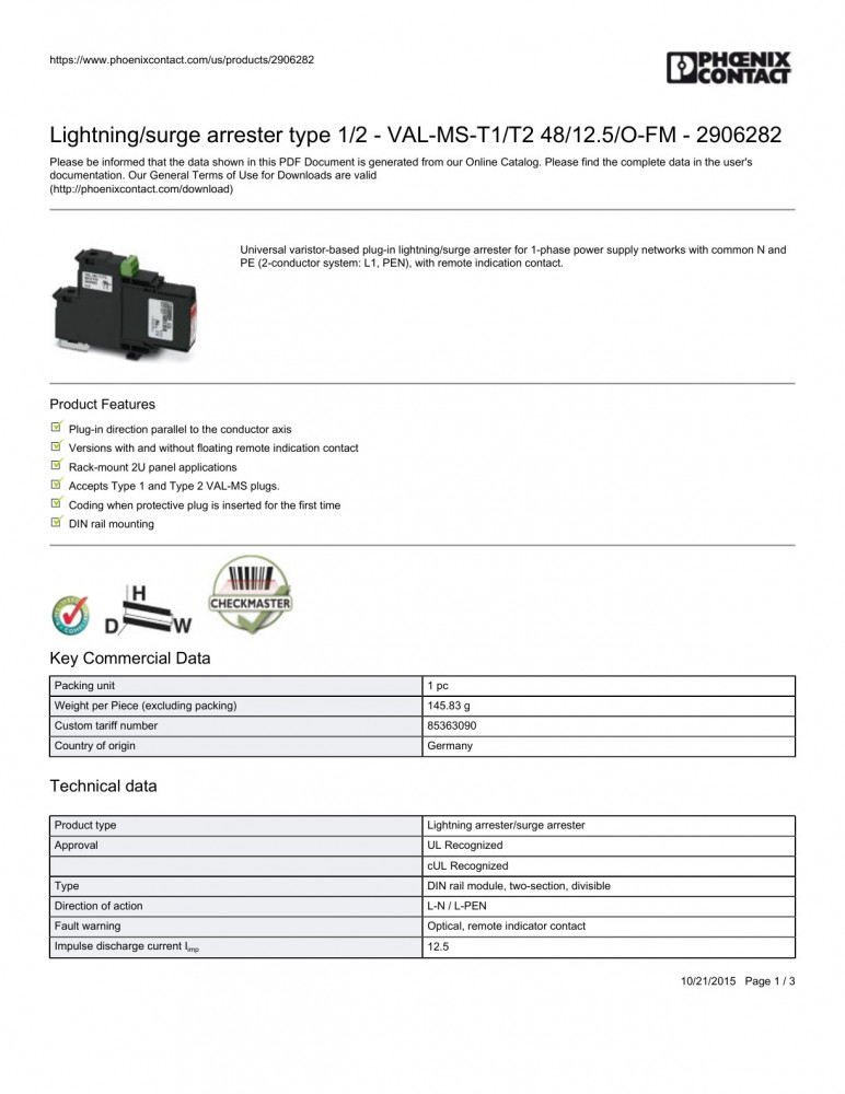 Phoenix Contact 2906282 catalog page 1